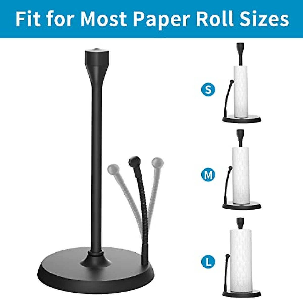 Multi-Function Black Paper Towel Holder Countertop with Phone Holder, Easy One Hand Tear Paper Towel Holder Stand with Weighted Base Spring Arm for Most Sizes Paper Roll for Kitchen Paper Towel Rack