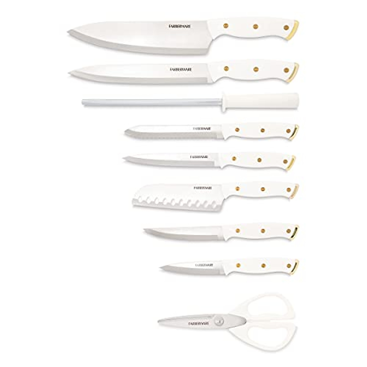 Farberware 15-Piece Triple Riveted Knife Block Set, High Carbon-Stainless Steel Kitchen Knives, Razor-Sharp Knife Set with Wood Block, White and Gold