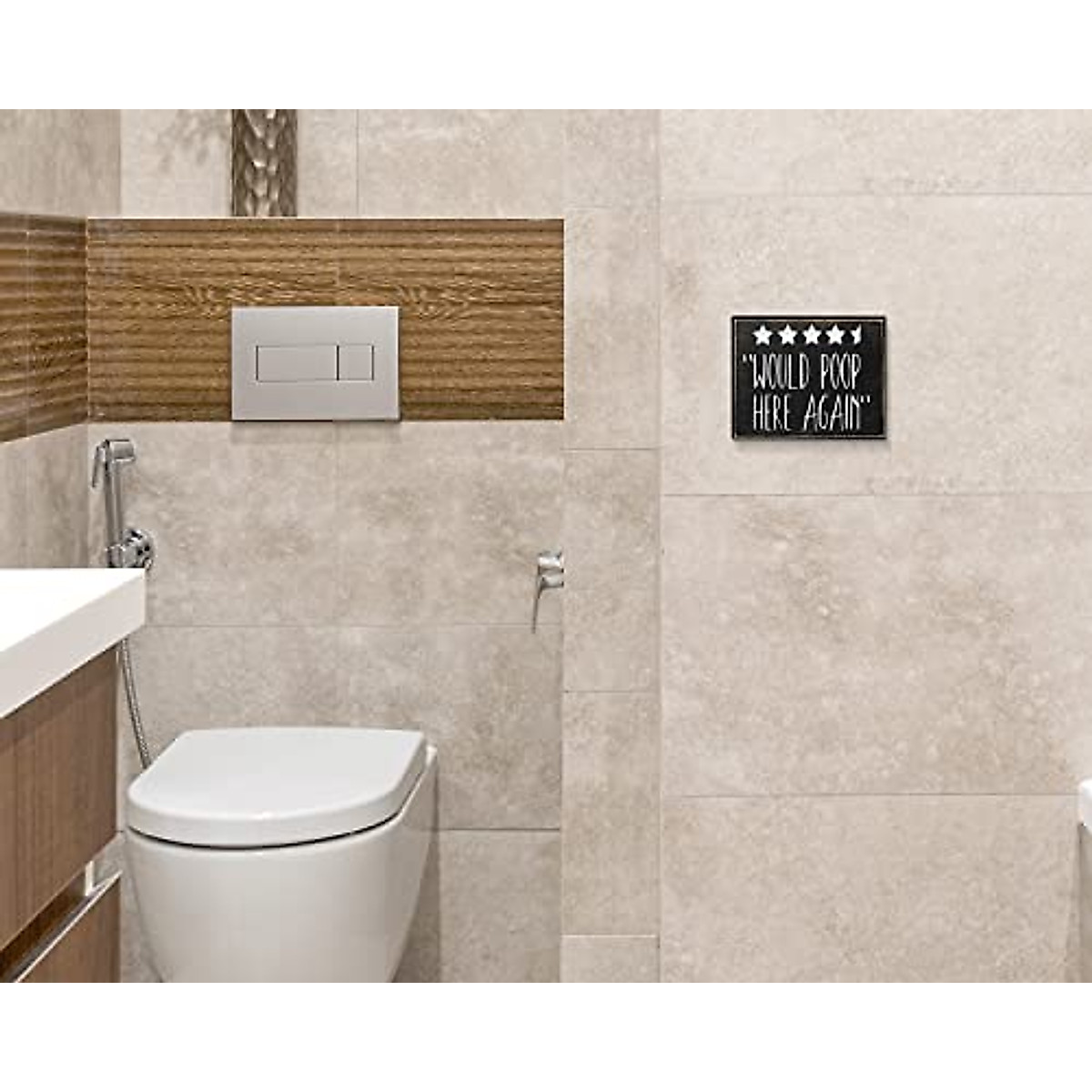 Pigort Funny Toliet Sign Decoration Box 5 Stars Would Here Again, Bathroom Sign Plaque 5"x6" Toilet Decor Rustic Wood Plaque - Funny Bathroom Signs