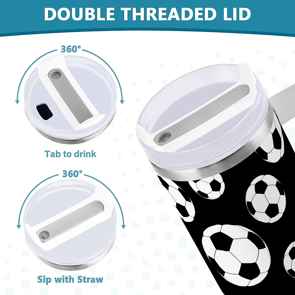 Traditional Black White Soccer Ball Tumbler with Handle and Straw Lid, Football 40 oz Insulated Coffee Cup Stainless Steel Water Bottle Travel Mug Cupholder Friendly,Gifts for Women Men