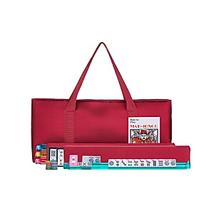 HNDTEK American Mahjong Set - Red Burgundy Soft Bag - 166 White Engraved Tiles, 4 All-in-One Rack/Pushers Western Mah Jongg Game Set