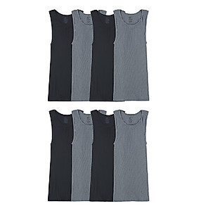 Fruit of the Loom Men's Sleeveless Tank A-Shirt, Tag Free & Moisture Wicking, Ribbed Stretch Fabric, 8 Pack-Black/Grey, Small