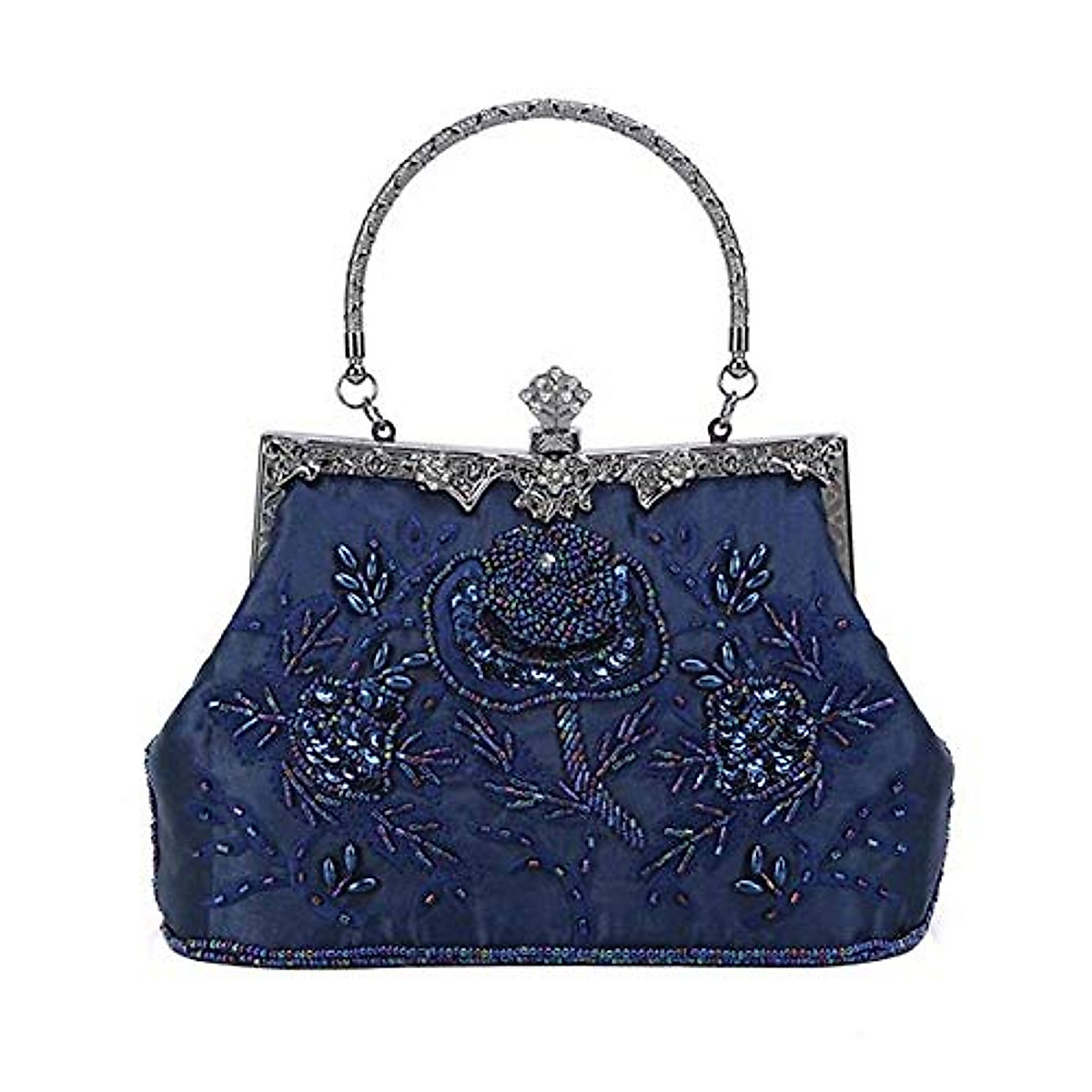 KISSCHIC Women's Handbag Vintage Rose Embroidered Beaded Sequin Evening Bag Wedding Party Clutch Purse (Navy Blue)
