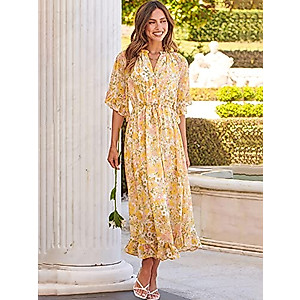 ANRABESS Women's Summer Ruffle Maxi Dress Floral Print 3/4 Bell Sleeve V Neck High Waist Flowy Boho Long Dress 746fenhuang-XL