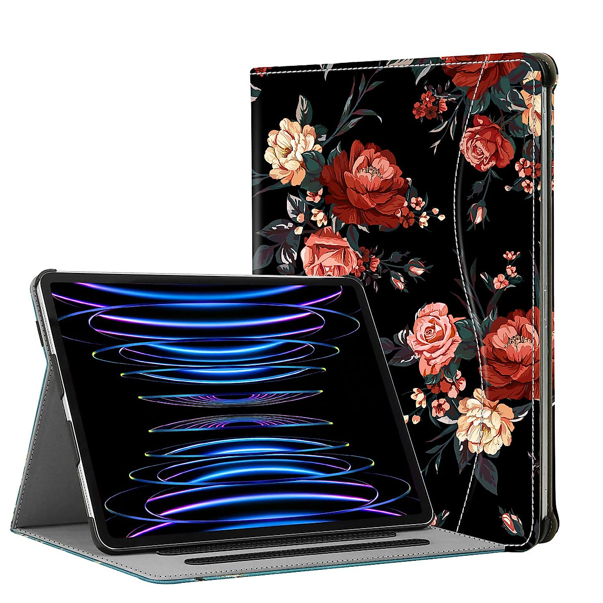 Hepix iPad Pro 12.9 Case 2022 2021 2020 2018 Rose Flower iPad 6th 5th 4th 3rd Gen with Pencil Holder, Black Floral Multi-Angle Stand Pocket Protective Leather Cover Auto Sleep Wake
