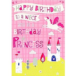Designer Greetings Birthday Princess Unicorn and Castle Juvenile Birthday Card for Young Niece