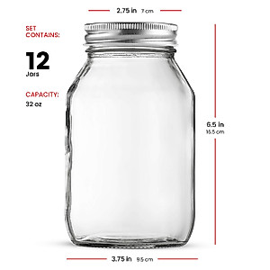 Glass Regular-Mouth Mason Jars, 32-Ounce (12-Pack) Glass Jars with Silver Metal Airtight Lids for Meal Prep, Food Storage, Canning, Drinking, Overnight Oats, Jelly, Dry Food, Spices, Salads, Yogurt
