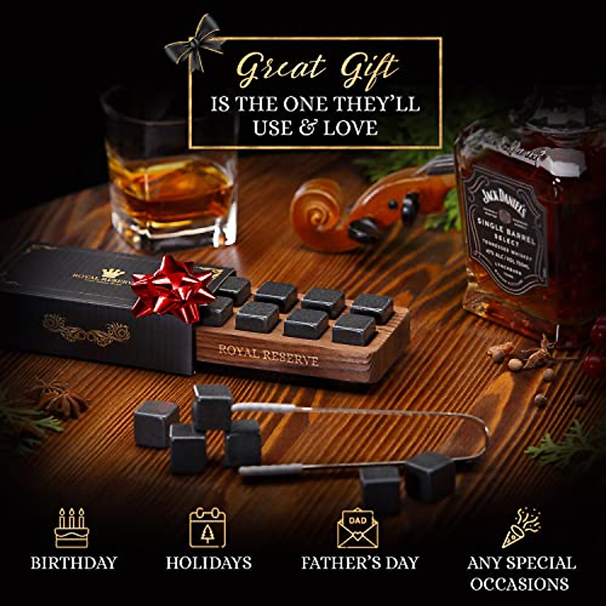 Whiskey Stones Gift Set by Royal Reserve | Artisan Crafted Reusable Refreezable Chilling Cooler Rocks for Scotch Bourbon – Modern Stocking Stuffer for Guy Men Dad Boyfriend Anniversary or Retirement