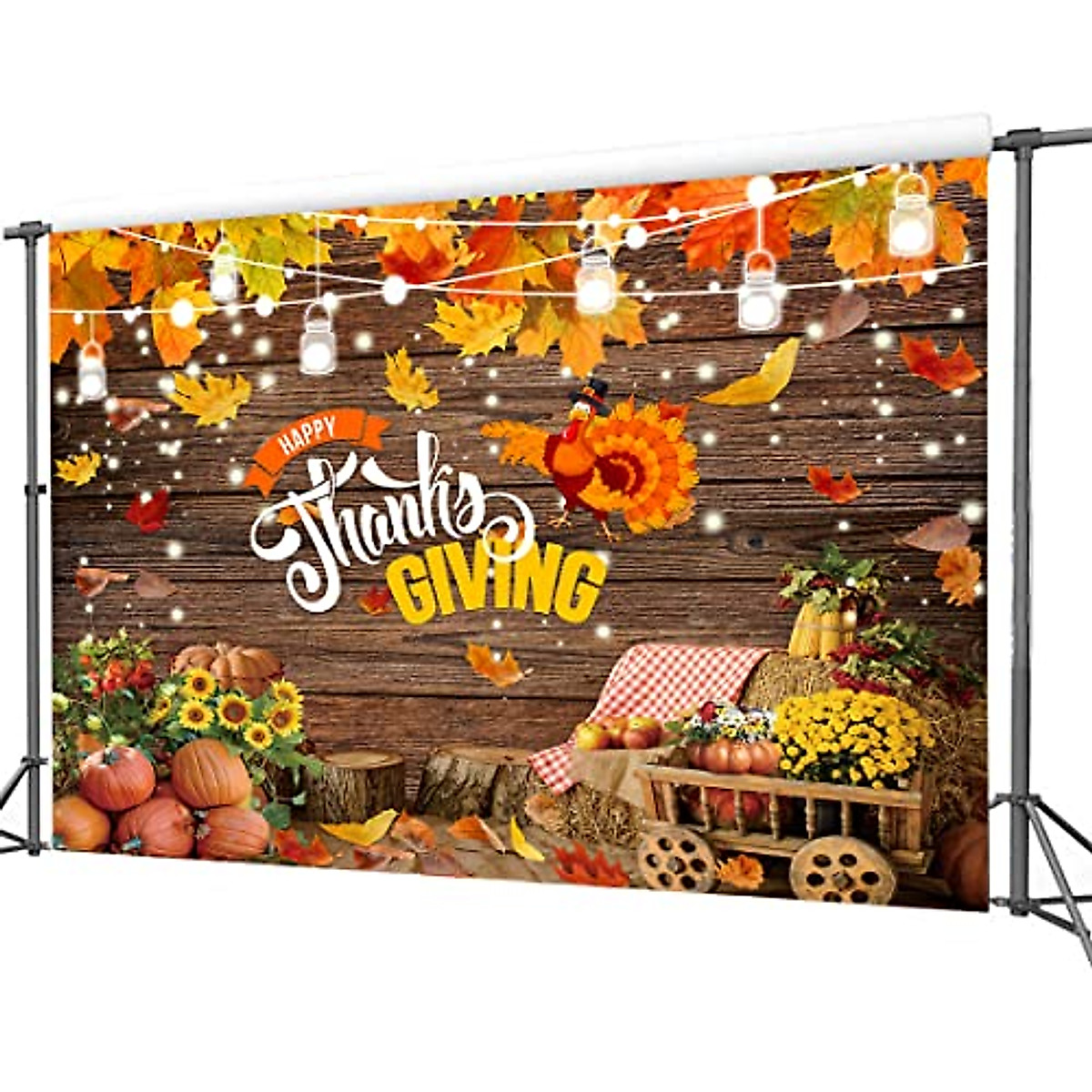 Dudaacvt 7x5ft Thanksgiving Photography Backdrop Rustic Wooden Floor Barn Harvest Background Thanksgiving Turkey Autumn Pumpkins Backdrop Thanksgiving Party Decoration Backdrop D643