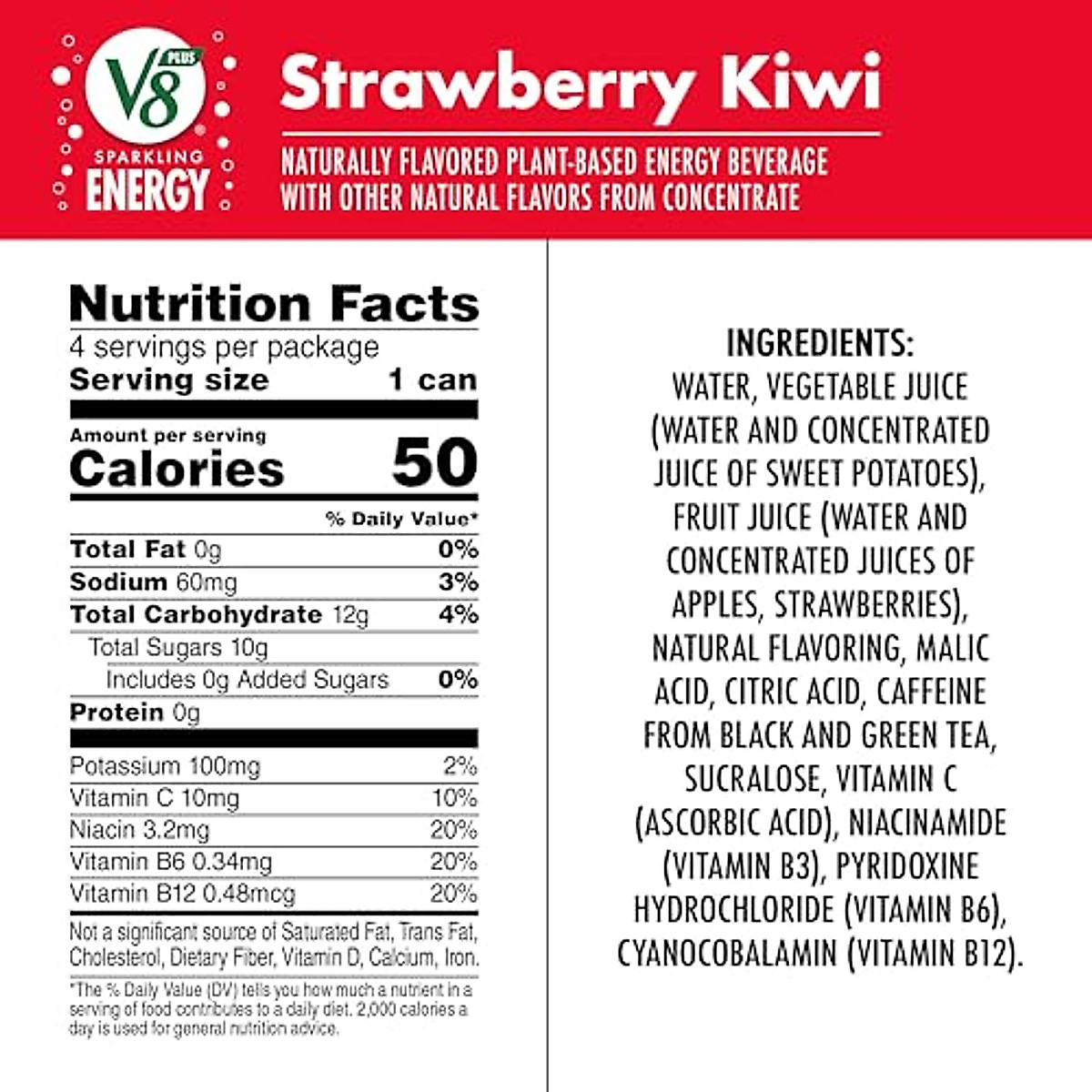 V8 +Energy Sparkling Strawberry Kiwi Juice Energy Drink, 11.5 fl oz Can (4 Pack)