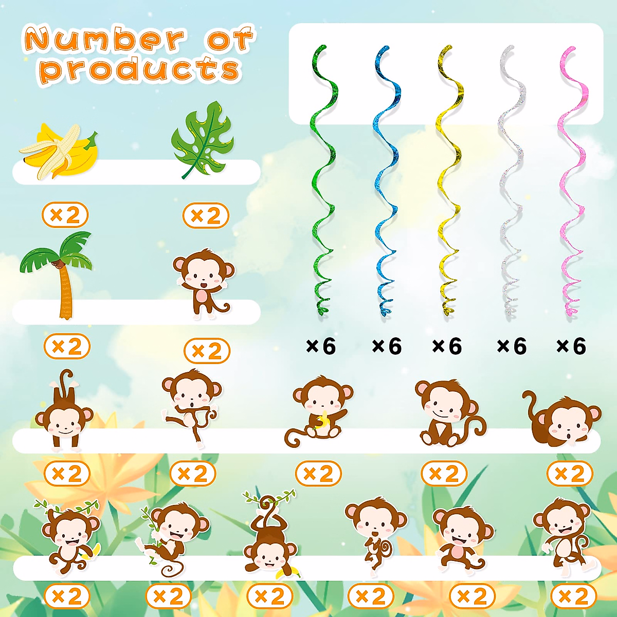 Little Monkey Hanging Swirl Banner Decor 30 Pack Green Jungle Forest Animal Foil Ceiling Streams Garland Banner Cutouts for Kids Zoo Wile One Life Baby Shower Birthday Party Supplies Room Wall Decor