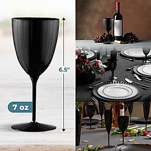 Posh Setting 7oz, Black Plastic Wine Glasses Hard Plastic Disposable Stemware, Drinking Cups with stem for Toasting, Weddings parties Plastic Wine cups for Home [8 Pack]