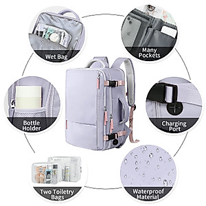 Hanples Extra Large Travel Backpack for Women as Person Item Flight Approved, Waterproof 40L Carry On Backpack, 17 Inch Laptop Backpack For Hiking Casual Bag (Gray Purple)