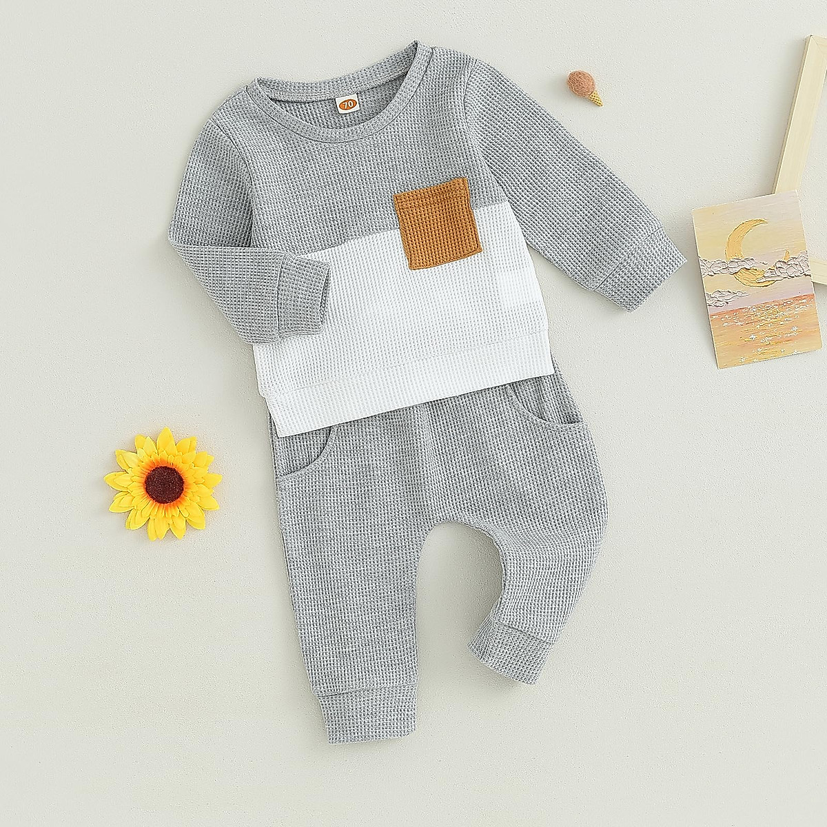 One opening 0-3T Toddler Baby Boy Clothes Patchwork Waffle Sweatshirt Pullover Shirt Top Long Pants Infant Boy Fall Winter Outfit (Gray, 0-6 months)