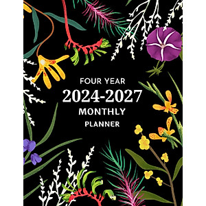 2024-2027 Monthly Planner Four Year: Large 4 Year Calendar Schedule Organizer | 48 Months Jan 2024 - Dec 2027 with Federal Holidays & family Birthdays, contact list & Password! - Flowers cover