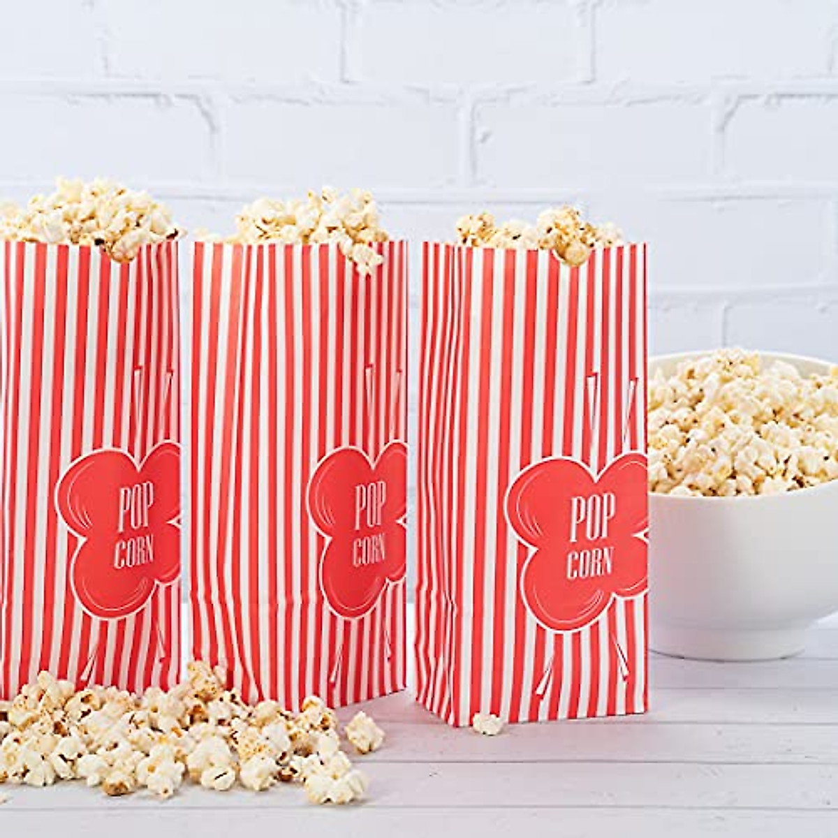 Restaurantware Bag Tek 1 Ounce Popcorn Bags, 100 Disposable Paper Popcorn Bags - Greaseproof, Striped, Red Paper Concession Popcorn Bags, For Movie Nights, Theaters, Carnivals, & More