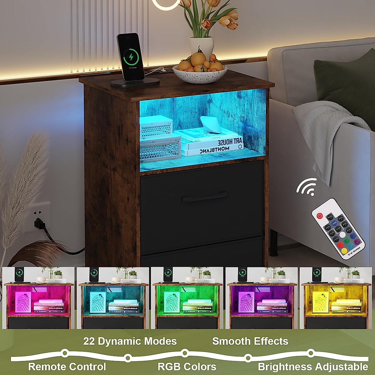 Qupui Led nightstand with Charging Station, Small nightstand with 2 Drawers, Smart nightstand with Open Storage, Bedside Nightstand for Bed and Top, Living Room, Rustic Brown