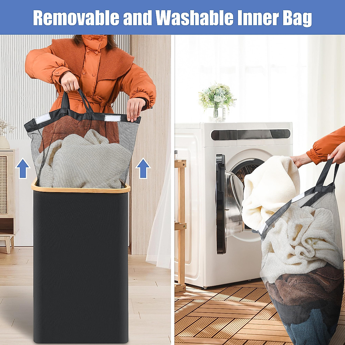 YOKAMIRA Laundry Hamper with Lid，110L Large Laundry Hamper with Handle, Lid and a Removable Laundry Bag Laundry Baskets for Bedrooms - Bamboo Bathroom Tall Laundry Bin (Black)