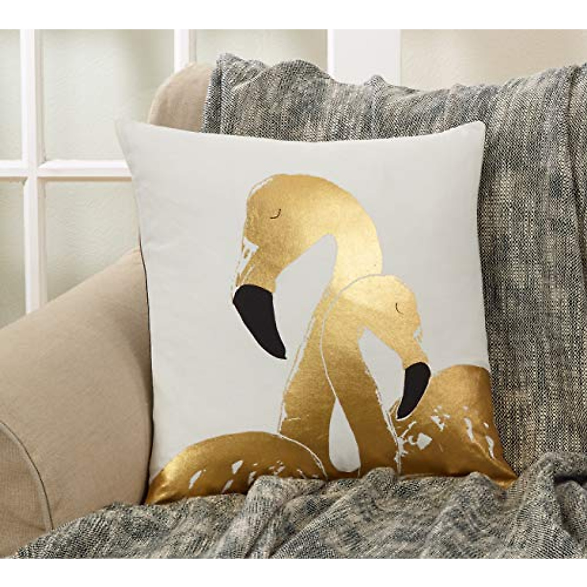 SARO LIFESTYLE Olivia Collection 100% Cotton Flamingo Love Design Pillow with Down Filling, 18", Multi