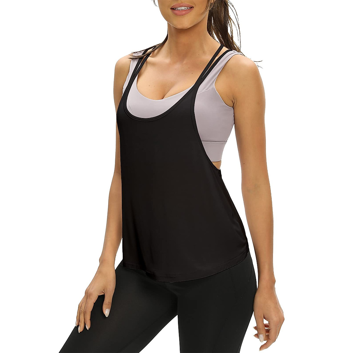 Mippo Open Back Shirt Backless Workout Tops Cute Work Out Clothes Gym Yoga Acitve Wear Athletic Tank Tops Exercise Fitness Clothing for Women Loose Fit Black M