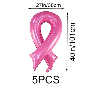 LOONELO 5pcs Breast Cancer Awareness Balloons Decoration, 40inch Pink Ribbon Breast Cancer Awareness Jumbo Foil Balloons, Hope Strength Faith Balloons for Pink Ribbon Breast Cancer Party Supplies