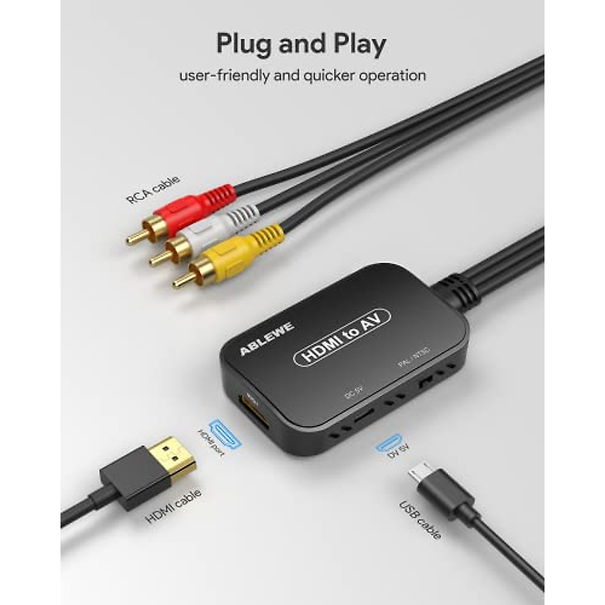 ABLEWE HDMI to RCA Converter, HDMI to RCA Adapter, HDMI to AV 3RCA CVBs Composite Video Audio Converter Adapter for TV Stick/Roku/Apple TV/PC/Laptop/Xbox/HDTV ( with HDMI Cable & USB Cable)