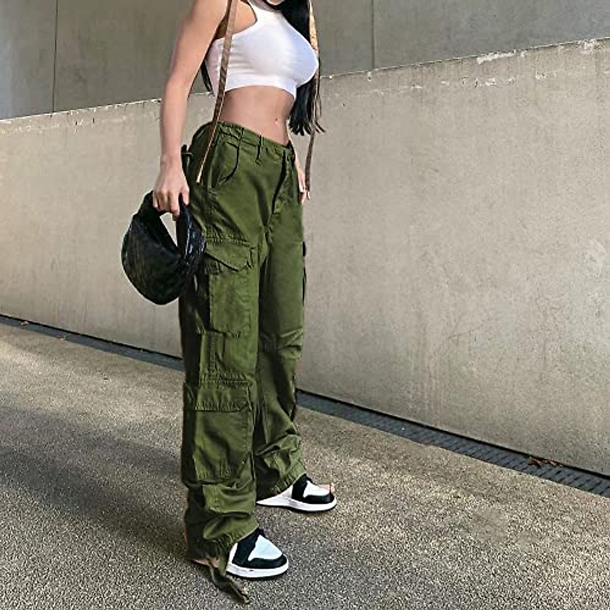 NCXFTP Cargo Pants Women, High Waist Cargo Pants Women Baggy Cargo Pants for Women Multiple Pocket Jogger Straight Wide Leg Parachute Pants Y2K Green