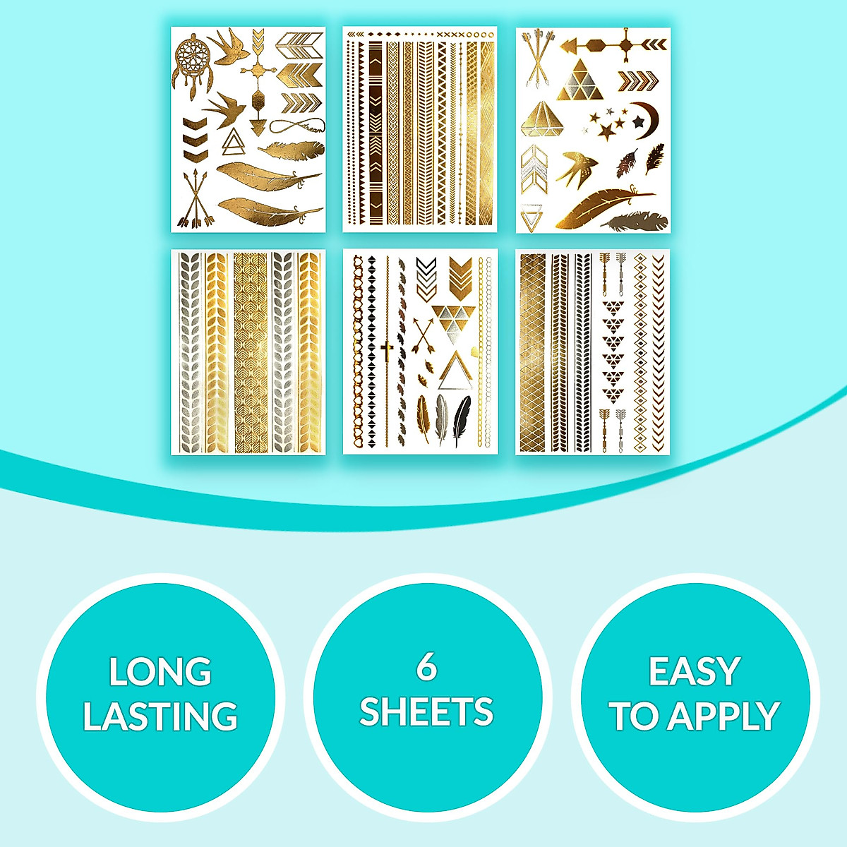 Terra Tattoos Gold Metallic Tattoo Flash Sheets Designs of Stars, Feathers, Moon & more! Face Tattoos for Women Waterproof Nontoxic Long Lasting 75+ Designs for Vacation, Festivals Parties - Gold