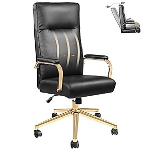 Toszn Executive Office Chair Gold, High Back Executive Office Chair with Back Support and Armrest, Leather Office Chair for Women, Desk Chairs with Wheels and Gold Legs, Black