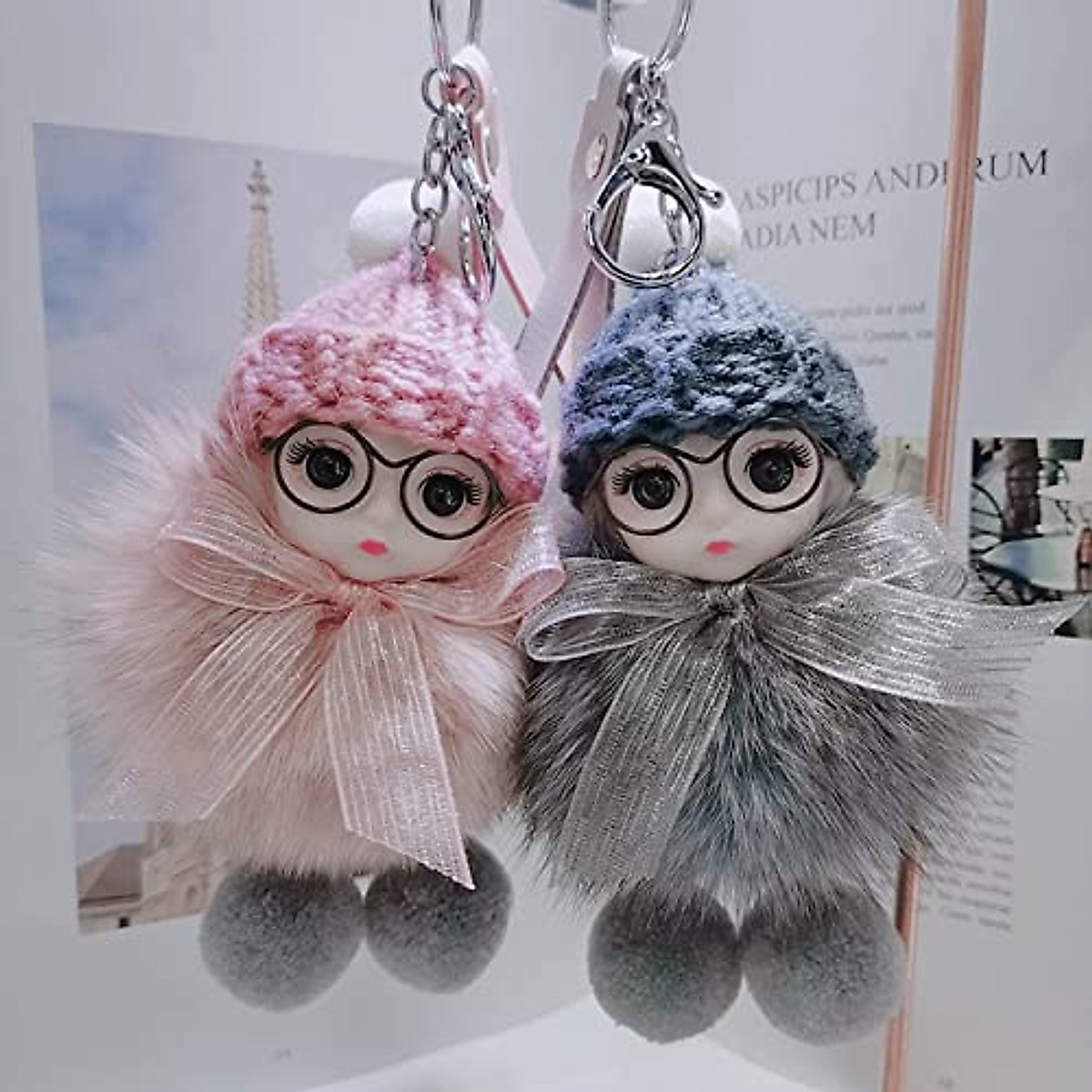 Rertnocnf Cute Kawaii Glasses Doll Backpack Car Key Keychain Kids Girls Women Lover Cartoon Soft Plush Handbag Wallet Hanging Accessories for Gifts Presents Light Pink
