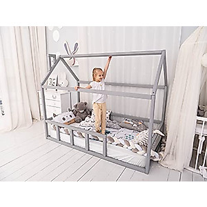 BUSYWOOD Montessori Twin House Bed - Toddler Floor Bed Frame - Kids Furniture - Indoor Playroom - Floor Bed House - Montessori Bed for Toddlers (Model 2, Grey, Floor Bed)