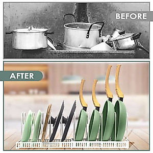 taabooh Adjustable Pot And Pan Organizer Rack - Aesthetic Pot Lid Organizer Rack - Durable Cookware Rack And Baking Pan Organizer - Expandable Horizontal Frying Pan Organizer With 10 Dividers