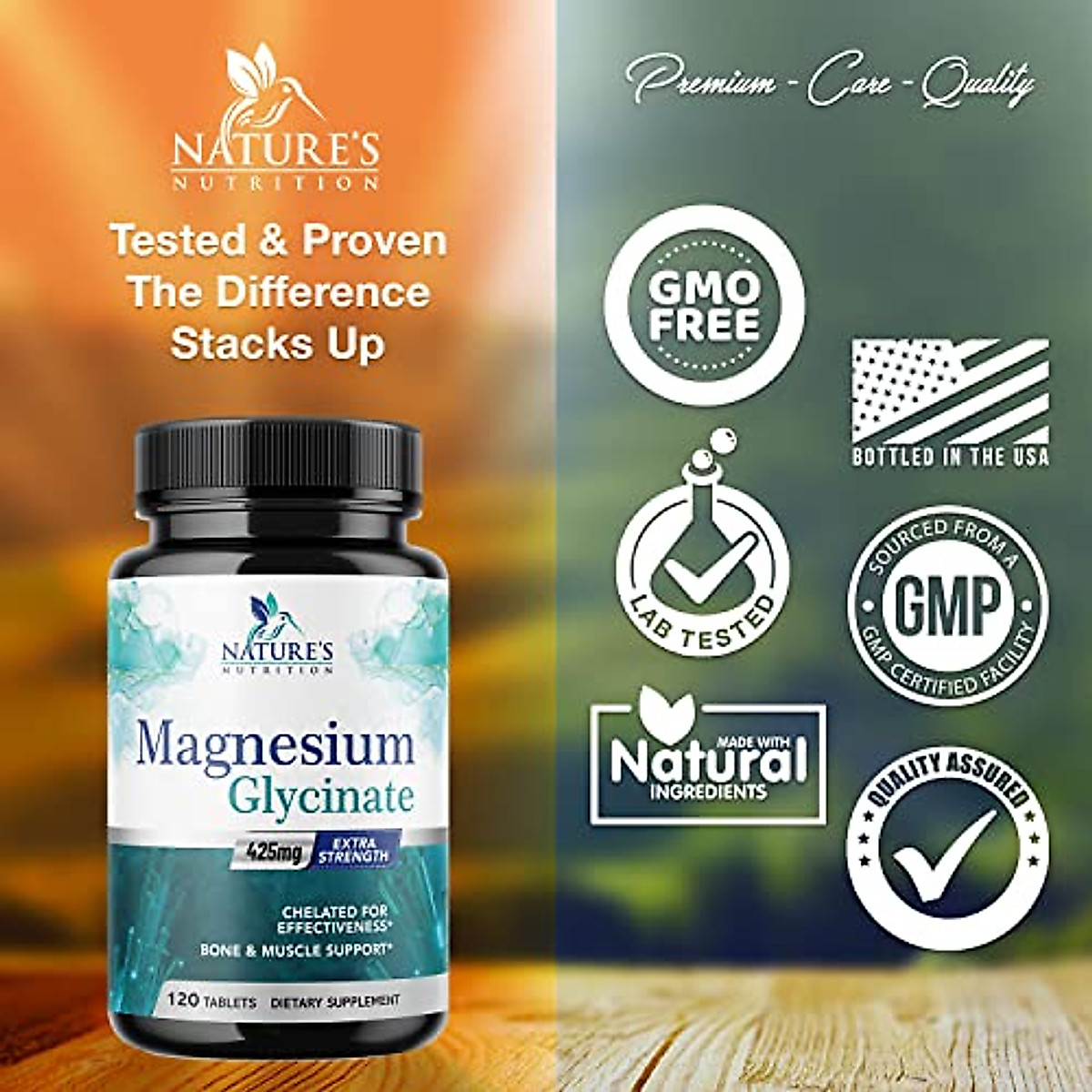 Magnesium Glycinate 425 mg with Calcium - Max Absorption Magnesium Tablets for Muscle, Nerve, Bone & Heart Health Support - Vegan, Non-GMO, Gluten Free Nature's Nutrition Supplement - 120 Tablets
