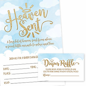 Hadley Designs 25 Blue Boy Heaven Sent Clouds Baby Shower Invitations, 25 Baby Shower Diaper Raffle Tickets For Baby Shower, Celestial Angel Fill or Write in Card, Diaper Raffle Cards, Baby Shower