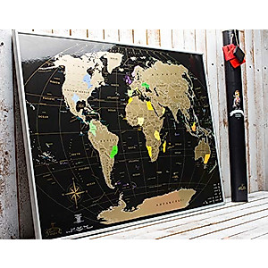 Scratch off map of the World MyMap Black Gold Large Travel map Wall Poster 35x25 Push pin map Includes Pins Tube Flags poster Map Scratch