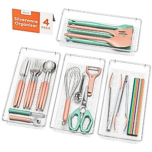 Lifewit Silverware Drawer Organizer, 5.75" x 11.65" Clear Utensil Tray for Kitchen Drawer, Stackable Plastic Flatware and Cutlery Storage Box Divider for Spoons Forks Knives Tools, 4 Pack