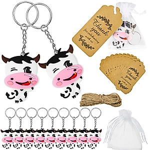 MTLEE 91 Pieces Cow Keychains 1st Birthday Party Favors 30 Sets Cow Keychain Goodie Present with Thanks Kraft Tags White Organza Bags for Thanksgiving Wedding Party Birthday Party Supplies