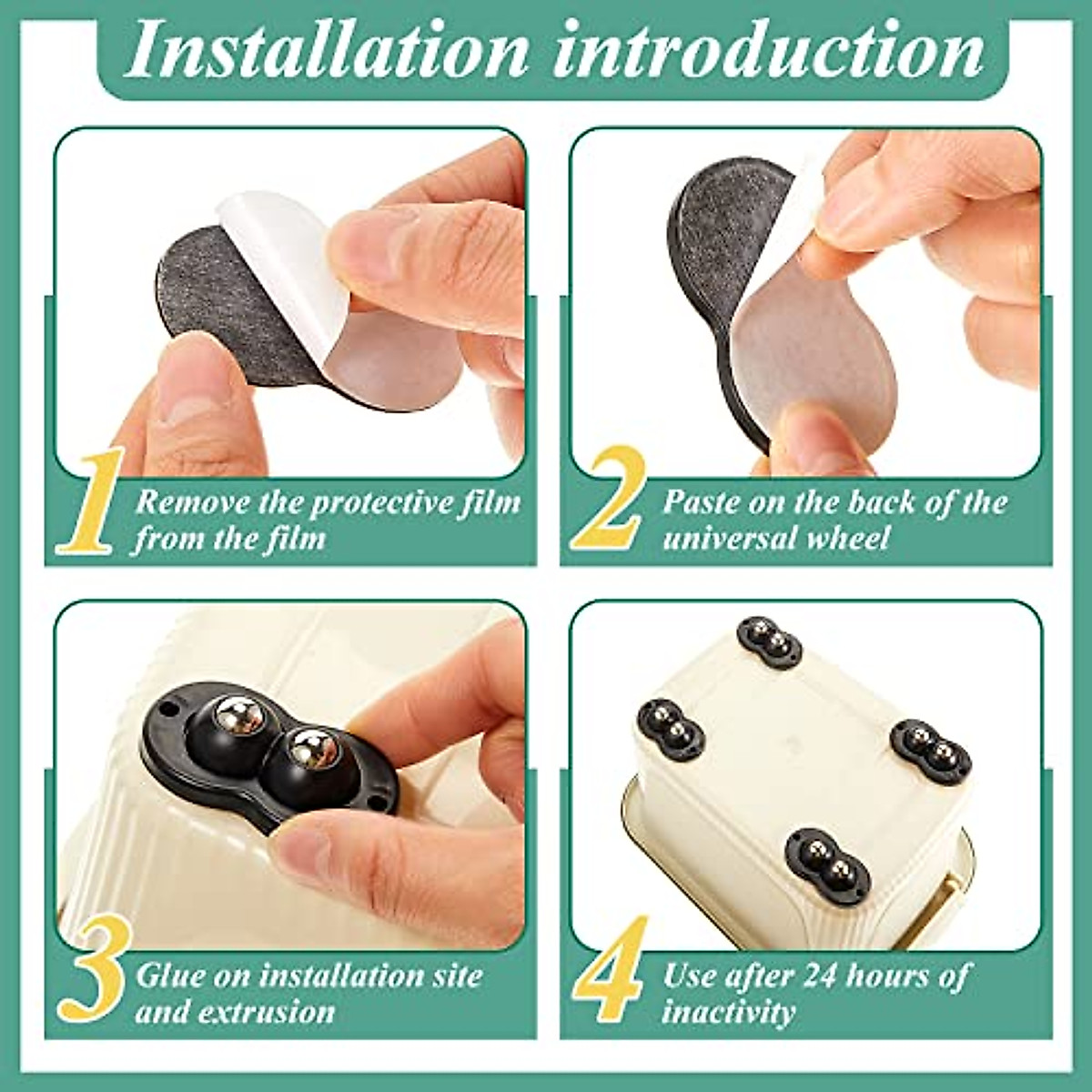 Mini Caster Wheels Appliance Wheels Self Adhesive Swivel Caster Wheels Stick on Stainless Steel Paste Small Appliance Casters Double Bead Universal Wheel for Furniture Box Mini Roller (Black,16 Pcs)