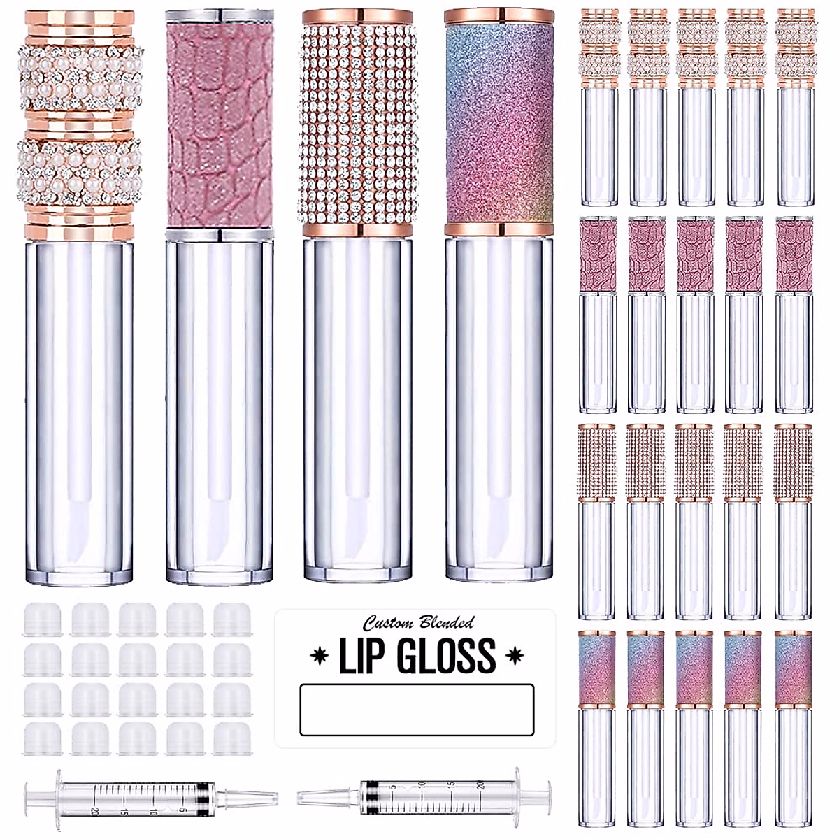 AMORIX 20 Pack Diamond Lip Gloss Tubes with Wand 5ml Empty Rhinestone Cute Lipgloss Bottles/Containers Crystal Lip Gloss Supplies Kit + 2pcs Syringes + Labels for DIY Lip Gloss Base