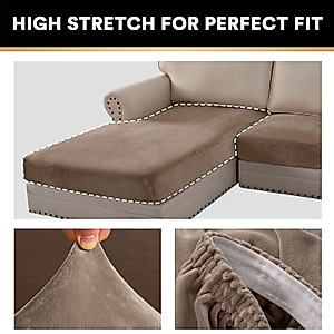 PrinceDeco Sectional Couch Covers 3 Pieces Velvet Sofa Covers L Shape Soft Couch Covers for Sectional Sofa Corner Sofa Cover Couch Cover for Dogs Washable (2 Seater + 1 Chaise,Taupe)