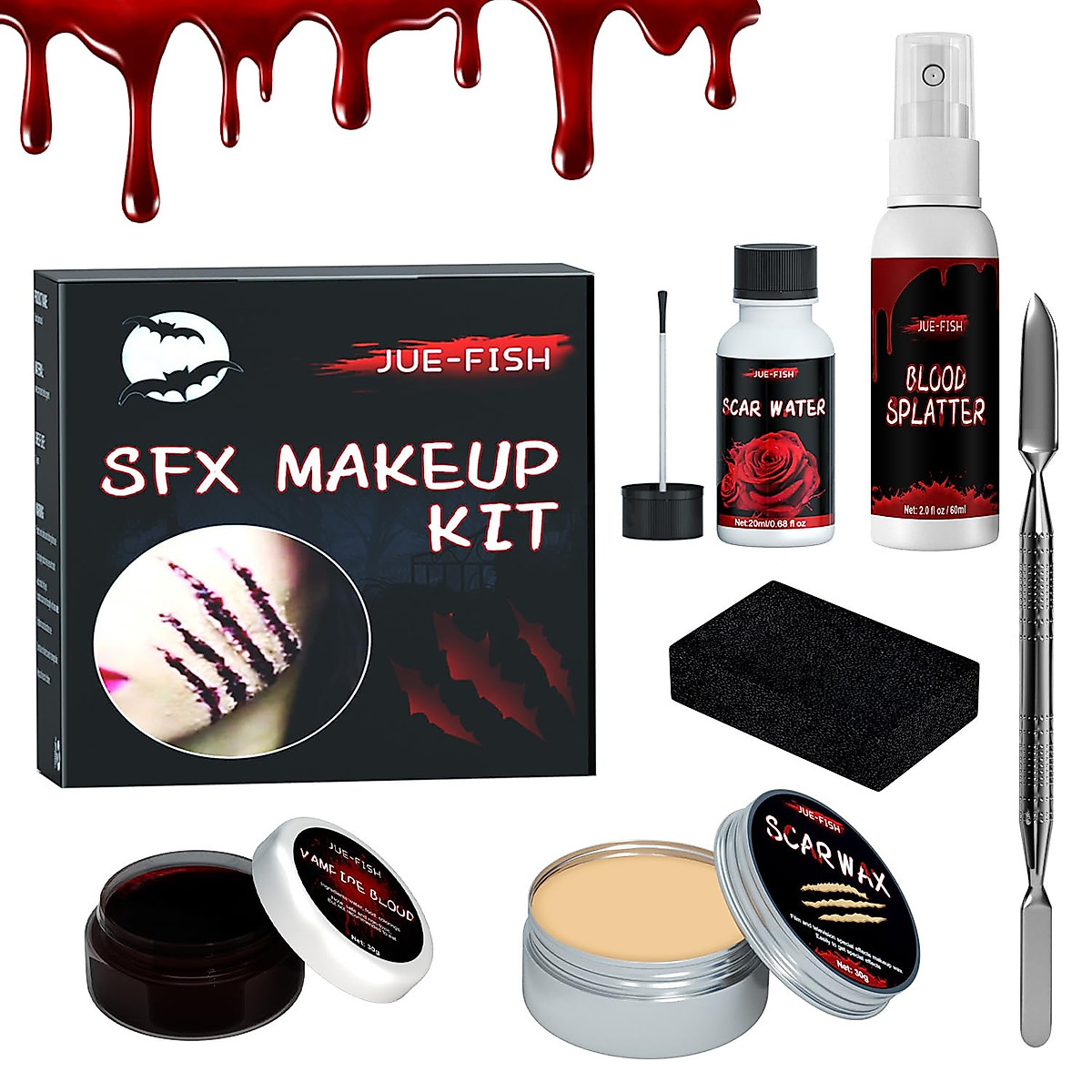 Halloween SFX Makeup Kit Scars Wax, 2.1Oz Fake Blood Spray, 1.67Oz Fake Wound Modeling Skin Wax with Spatula, Black Stipple Sponge, 1.06Oz Scab Coagulated Blood Gel, 5ml Fake Blood Cream