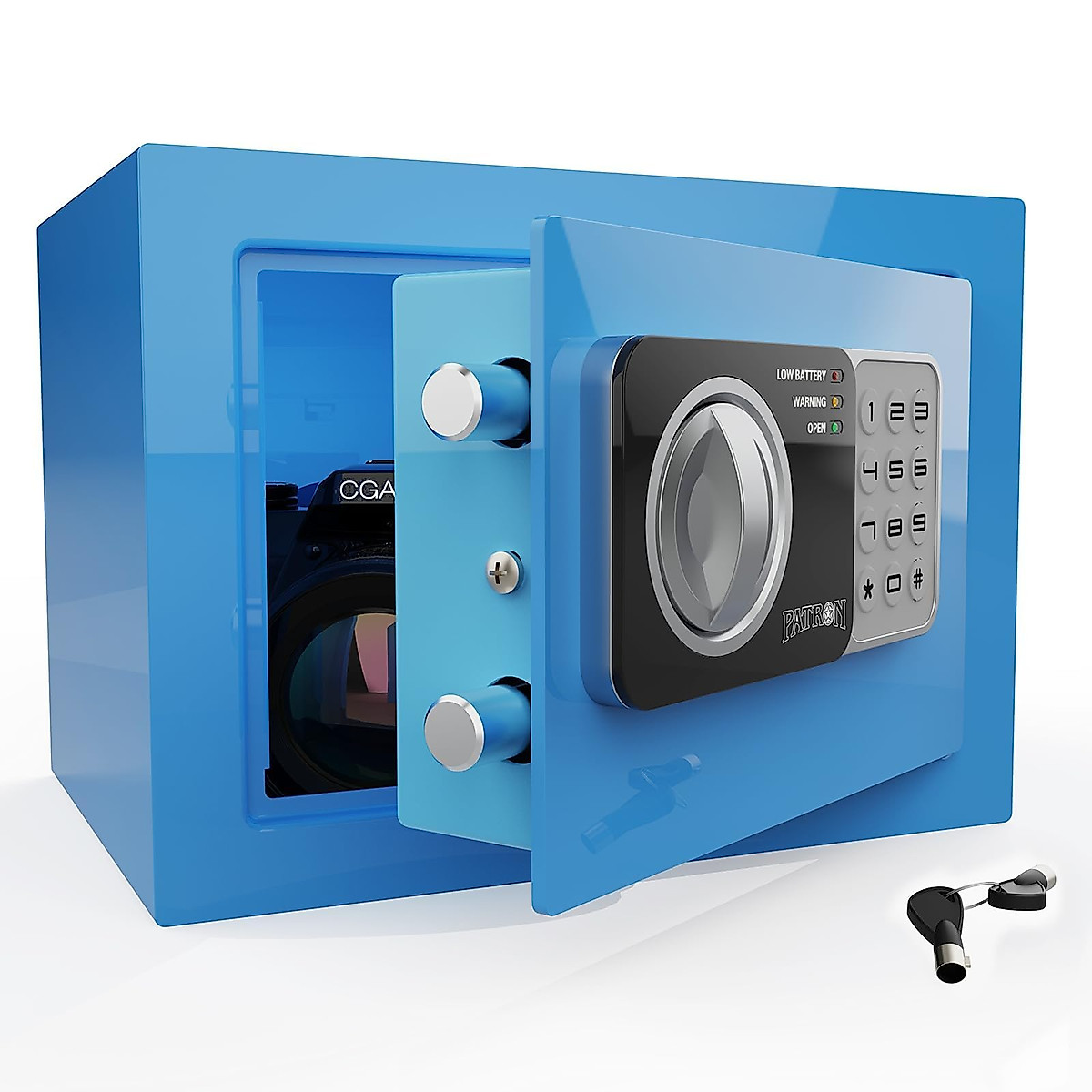 PATRON small safe box with key，mini safe for money，small coin safes for home with code，little jewelry lock box for kids，Wall or Cabinet Safe for personal items，0.236 Cubic Feet Blue