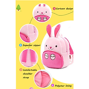 Ladyzone Toddler Backpack Zoo Animals Backpacks Cute Plush Bag Cartoon 10" Preschool Book Bag For 2+ Years Girls Boys (Rabbit)