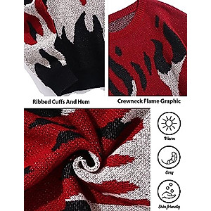 ZAFUL Mens Long Sleeve Flame Graphic Y2K Knit Sweaters Casual Oversized Sweater Pullover Wine Red XXL