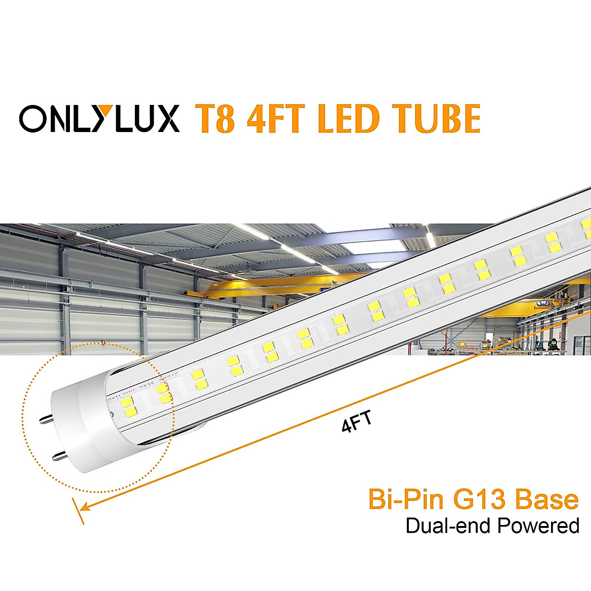 ONLYLUX Led Tube Lights 4ft, 4 Foot Led Bulbs 24-Pack 28W 5000K 4000lm Daylight T8 T10 T12 Fluorescent Replacement Dual Ended Power Clear Lens