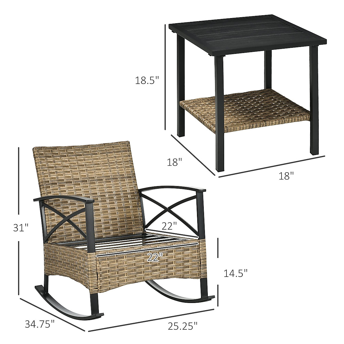 Outsunny 3 Piece Patio Rocking Chair Set, Outdoor Wicker Bistro Set with 2 Cushioned Porch Rockers, 2 Tier Coffee Table, for Gaden, Patio, Light Gray