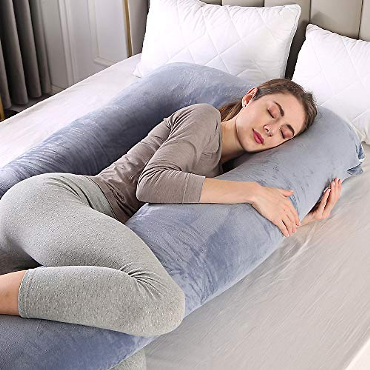 CDEN Pregnancy Pillow, U Shaped Full Body Pillow 55", Maternity Pillow Support for Back, Legs, Neck, HIPS for Pregnant Women with Removable Washable Velvet Cover(Grey)