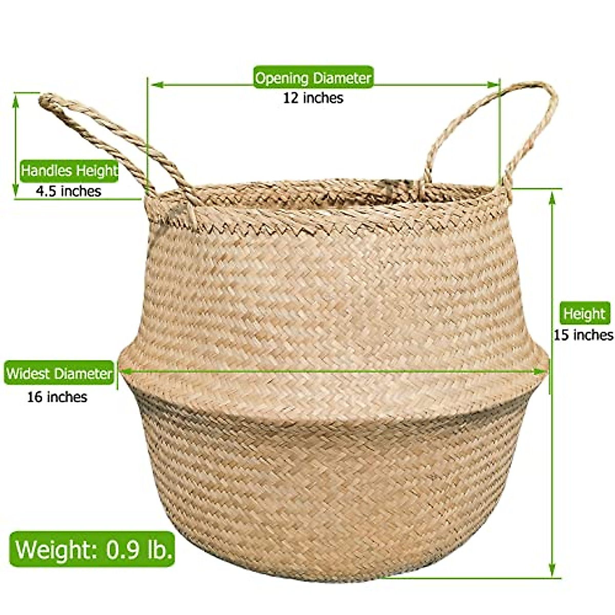 Natural Craft Extra Large Size(16x16x15 inches) Seagrass Belly Basket for Storage, Laundry, Picnic and Woven Straw Beach Bag - Plant Pots Cover Indoor Decorative