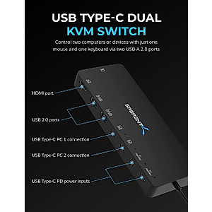 SABRENT KVM Switch, USB-C, 1 PC to 2-Displays with 60 Watt Power Delivery (USB-CKDH)