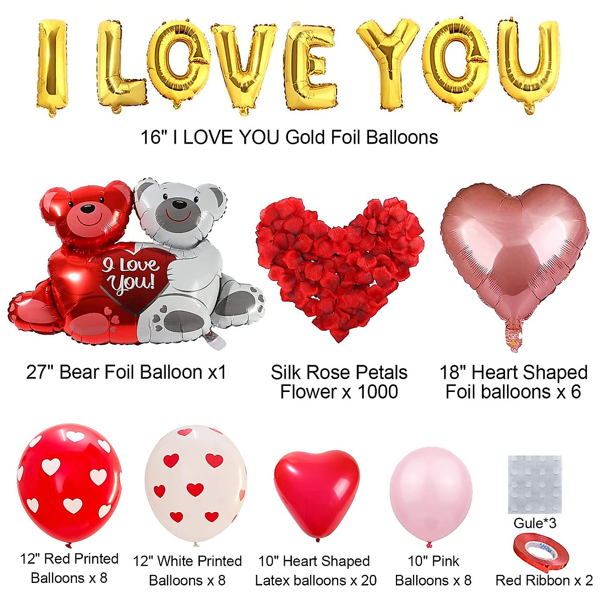 Wecepar Valentines Balloons Kit with I Love You Balloons Heart Balloon Bear Balloon Pink Balloons 1000pcs Rose Petals for Valentines Decorations Anniversary Proposal Romantic Decorations Special Night